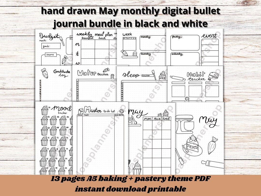 May 2024 Bullet Journal Baking + Pastry Theme Uncolored Premade Monthly ...