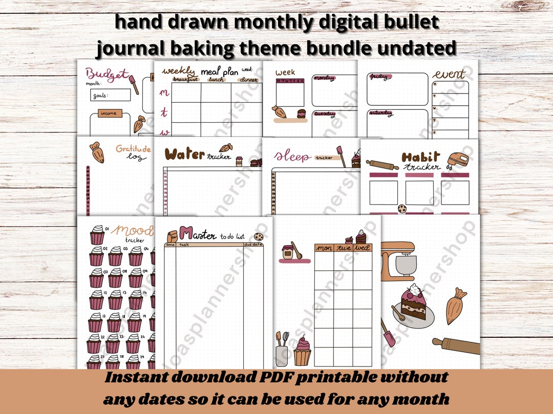 UNDATED Bullet Journal Baking and Pastry Theme Premade Monthly and ...