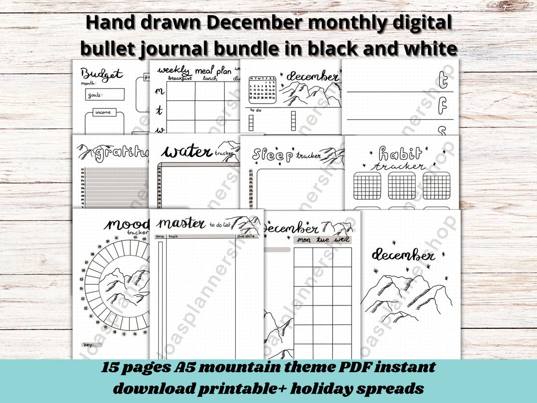 December 2025 Bullet Journal Mountain Theme Uncolored Premade Monthly ...