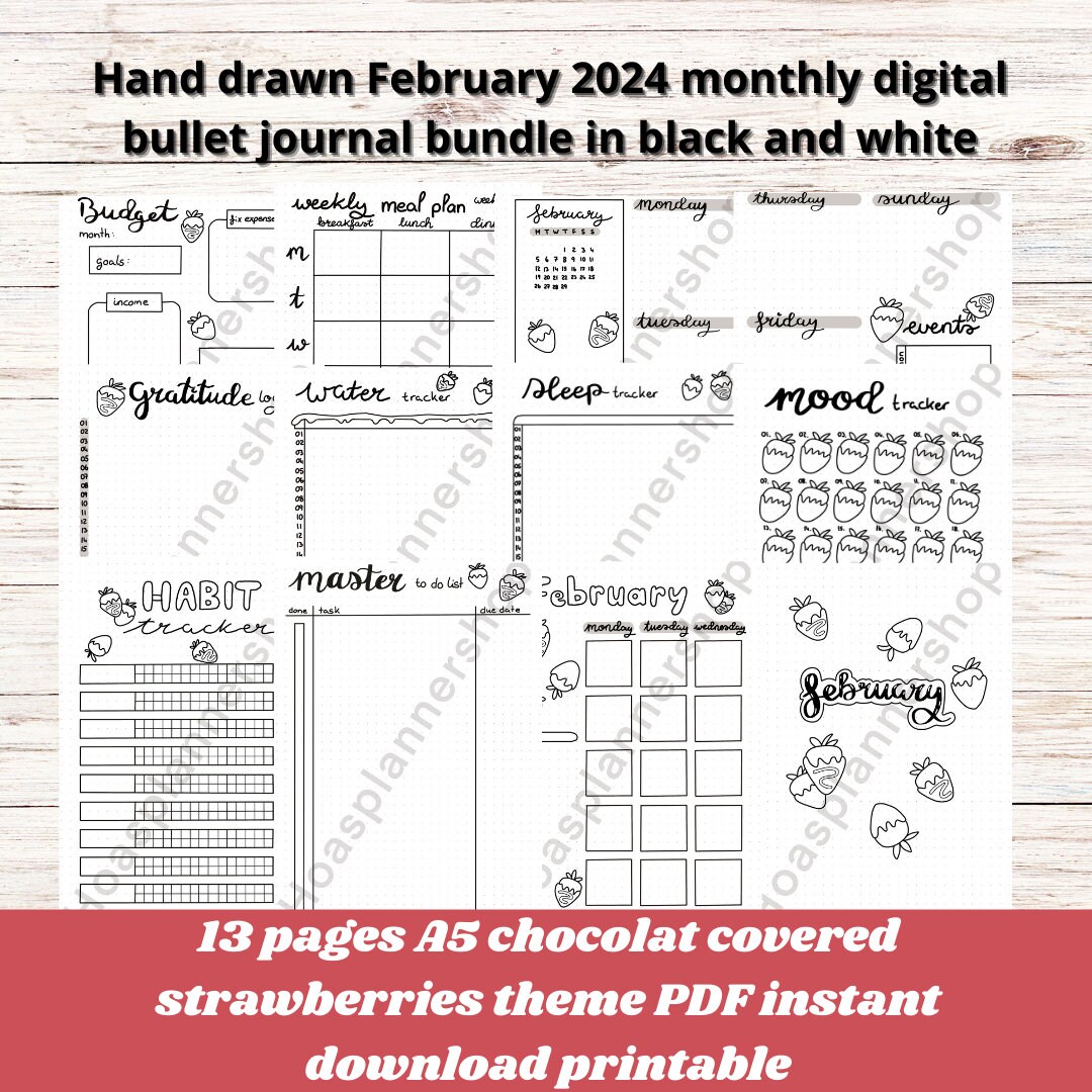 February 2024 Bullet Journal Strawberry Theme Uncolored Premade Monthly ...