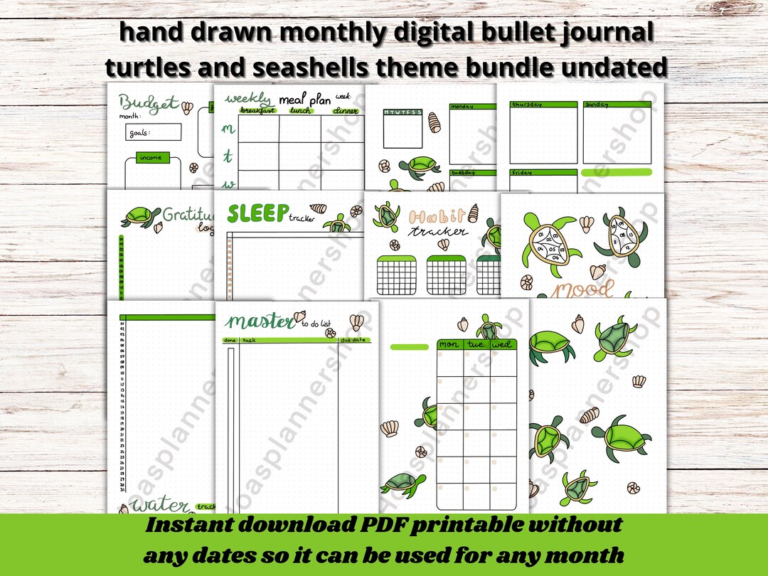 UNDATED 2024 Bullet Journal Turtles + Seashell Theme Premade Monthly/ Weekly Planner Bundle ...
