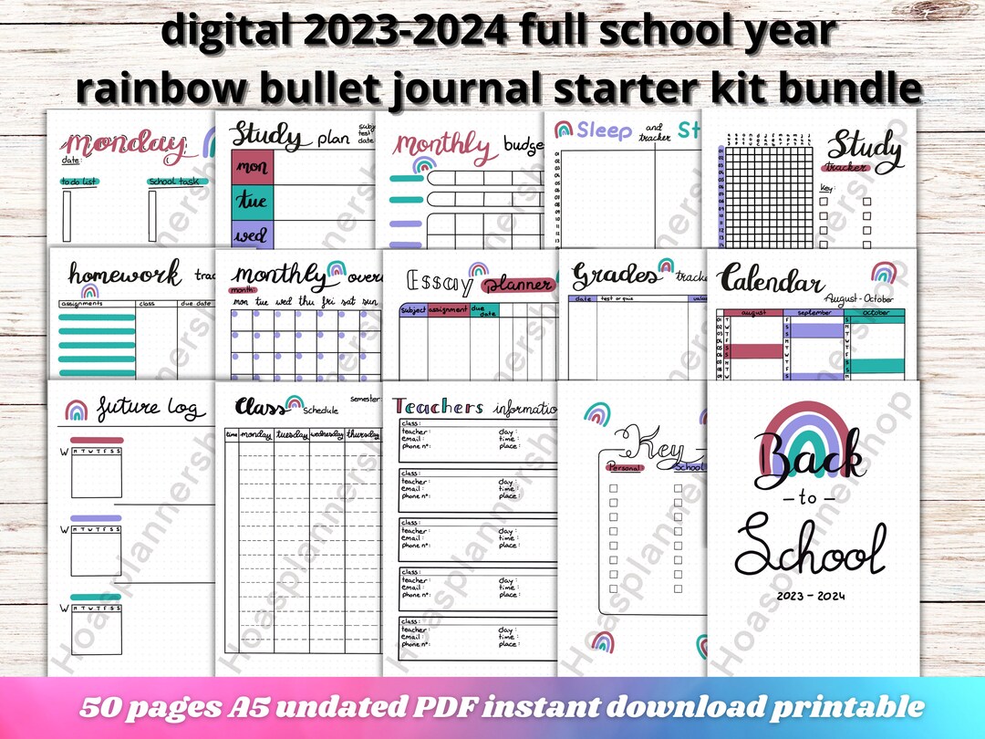 A5 Digital 2023-2024 School Bullet Journal Mini Rainbow College High ...