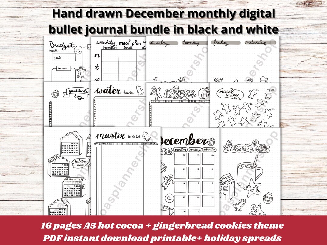 December 2025 Bullet Journal Cookies + Hot Cocoa Theme Uncolored ...