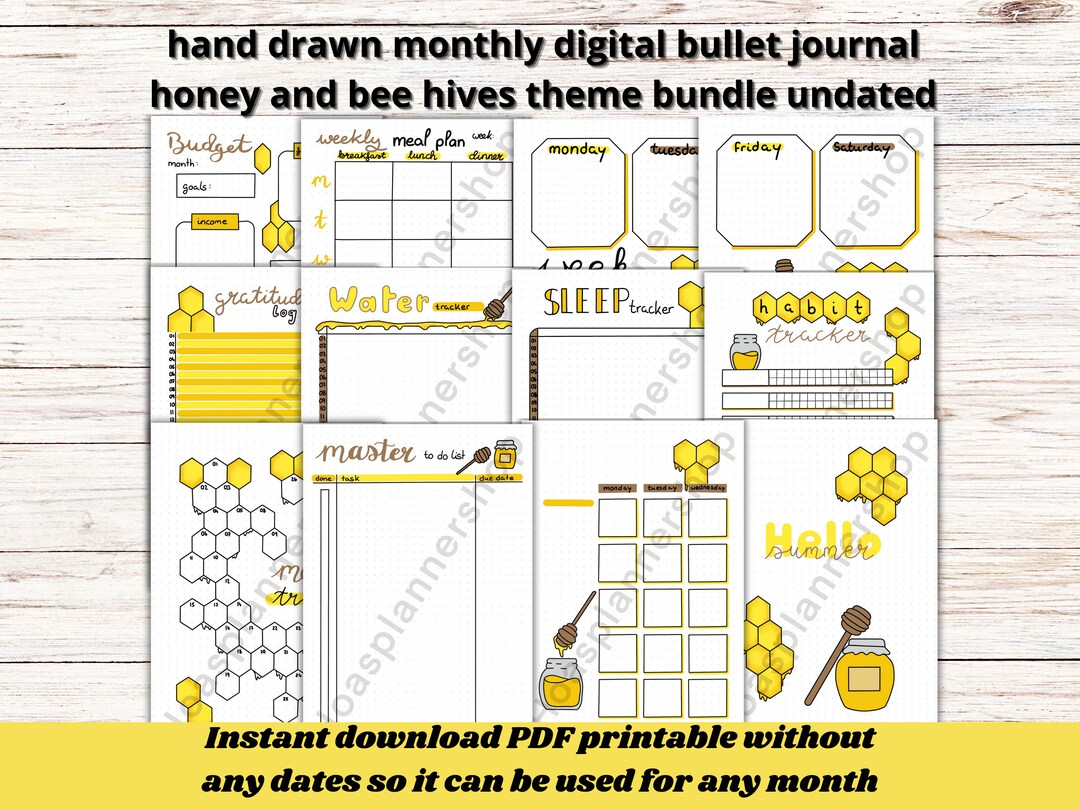 UNDATED 2024 Bullet Journal Honey + Bee Hives Theme Premade Monthly ...