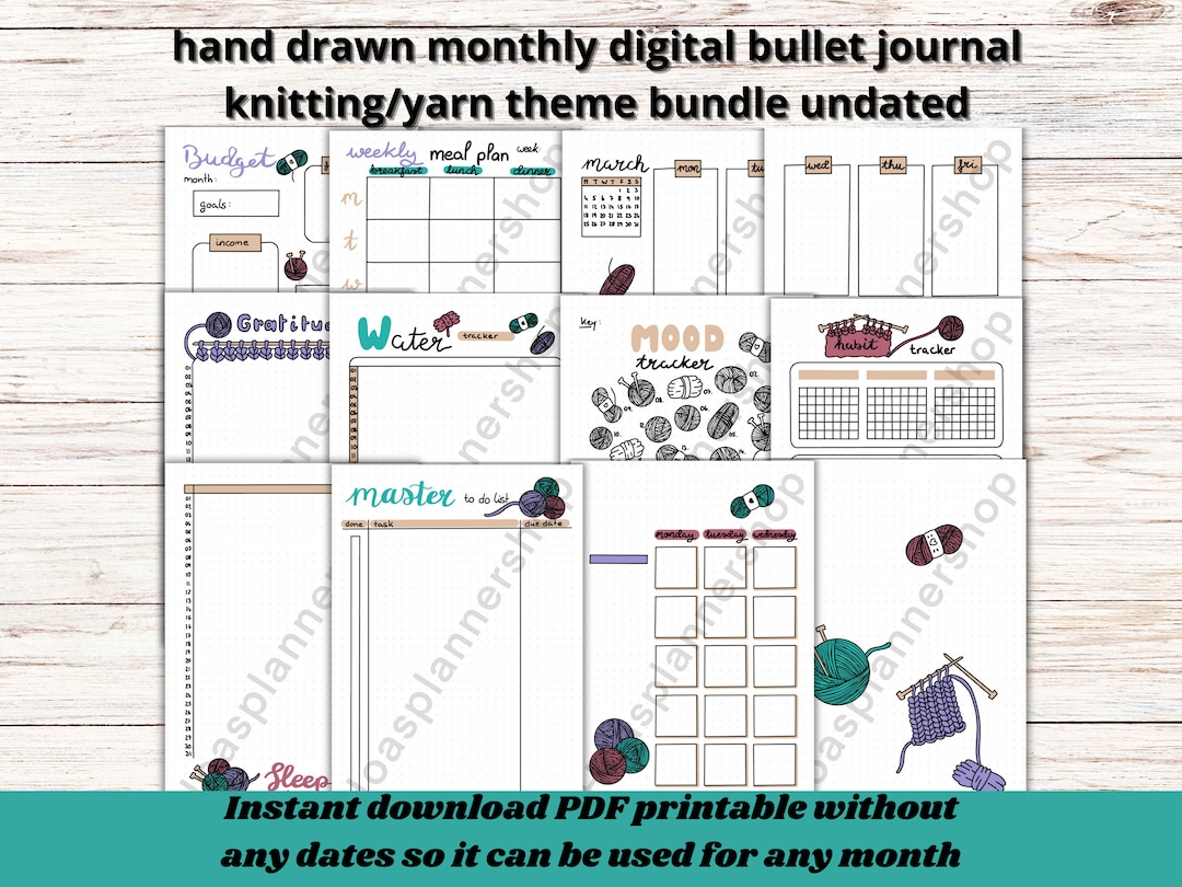 Undated Digital Bullet Journal Monthly Bundle Knitting and Yarn Theme ...