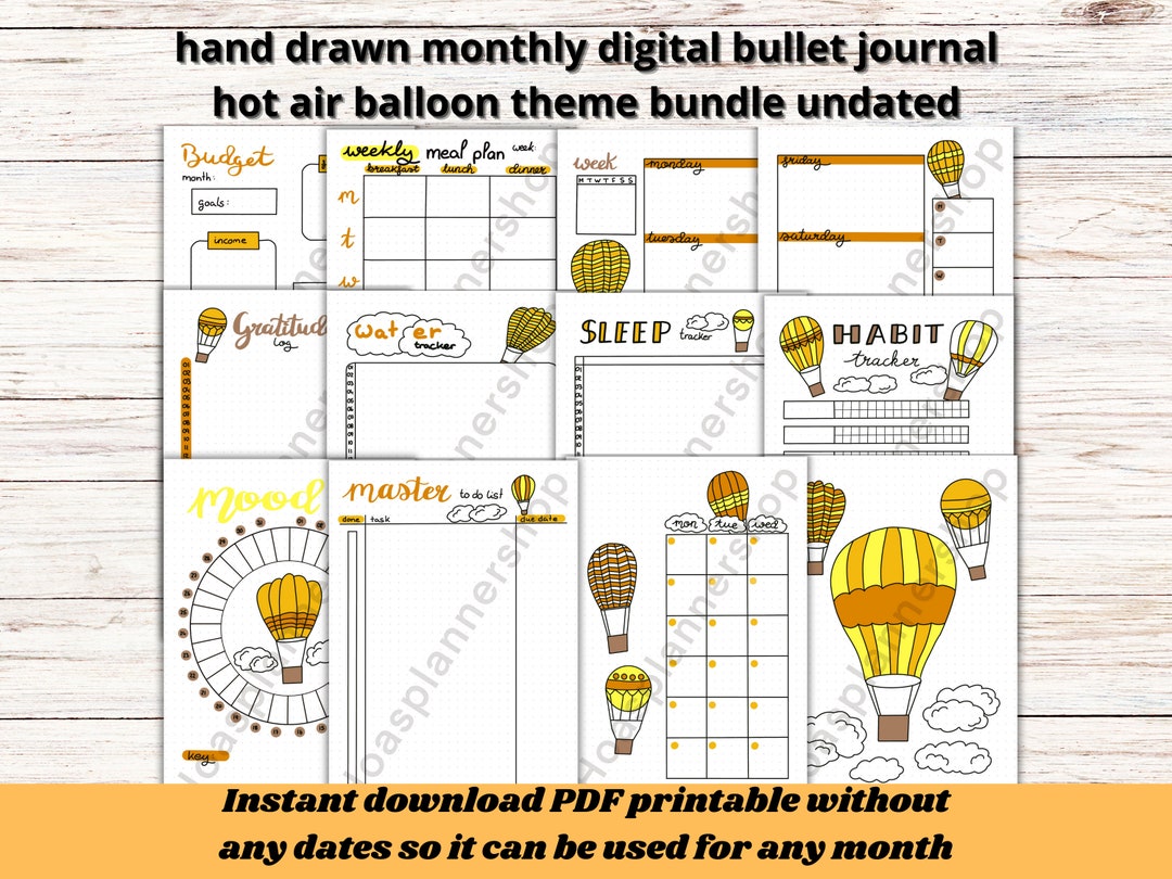 UNDATED Bullet Journal Hot Air Balloon Theme Premade Monthly and Weekly ...