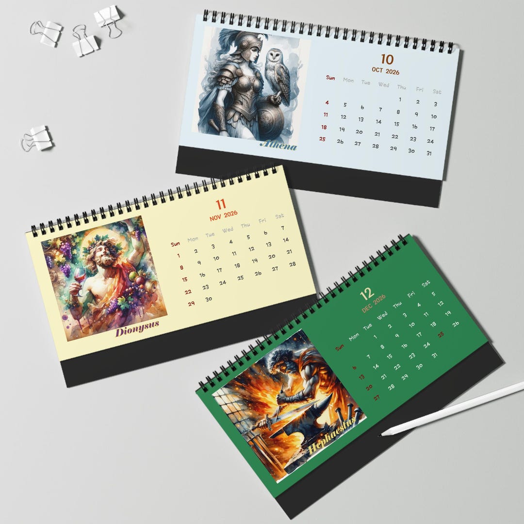 Greek Gods 2026 Desktop Calendar | 12 Olympians Monthly Planner ...