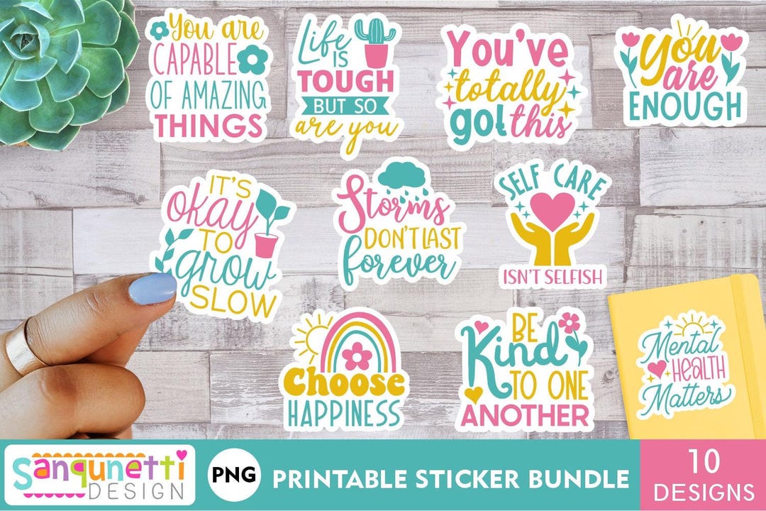 Inspirational Mental Health Stickers: Positive Affirmations PNG Bundle ...