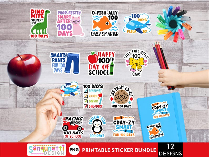100 Days of School PNG Sticker Bundle, Teacher School Digital Stickers ...