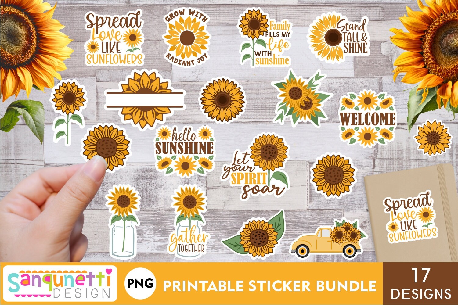 Sunflower PNG Stickers Sunflower Digital Sticker Bundle - Etsy