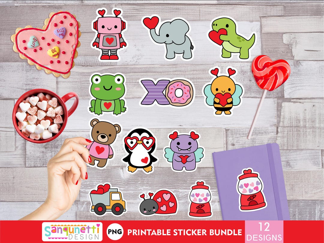 Valentine's Day Kawaii Sticker Bundle - 12 Adorable Printable Designs ...