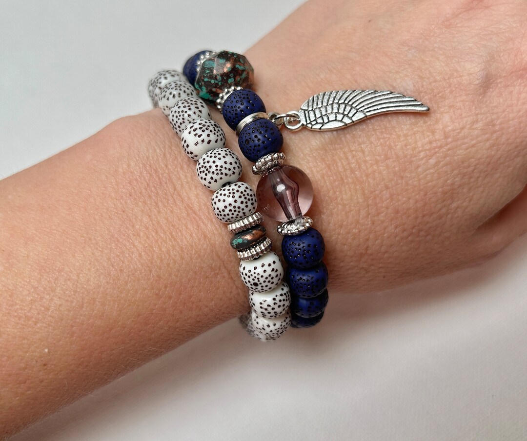 Set of 2 Volcano Stone Beads, Wing Bracelets With a Wish Card and Gift ...