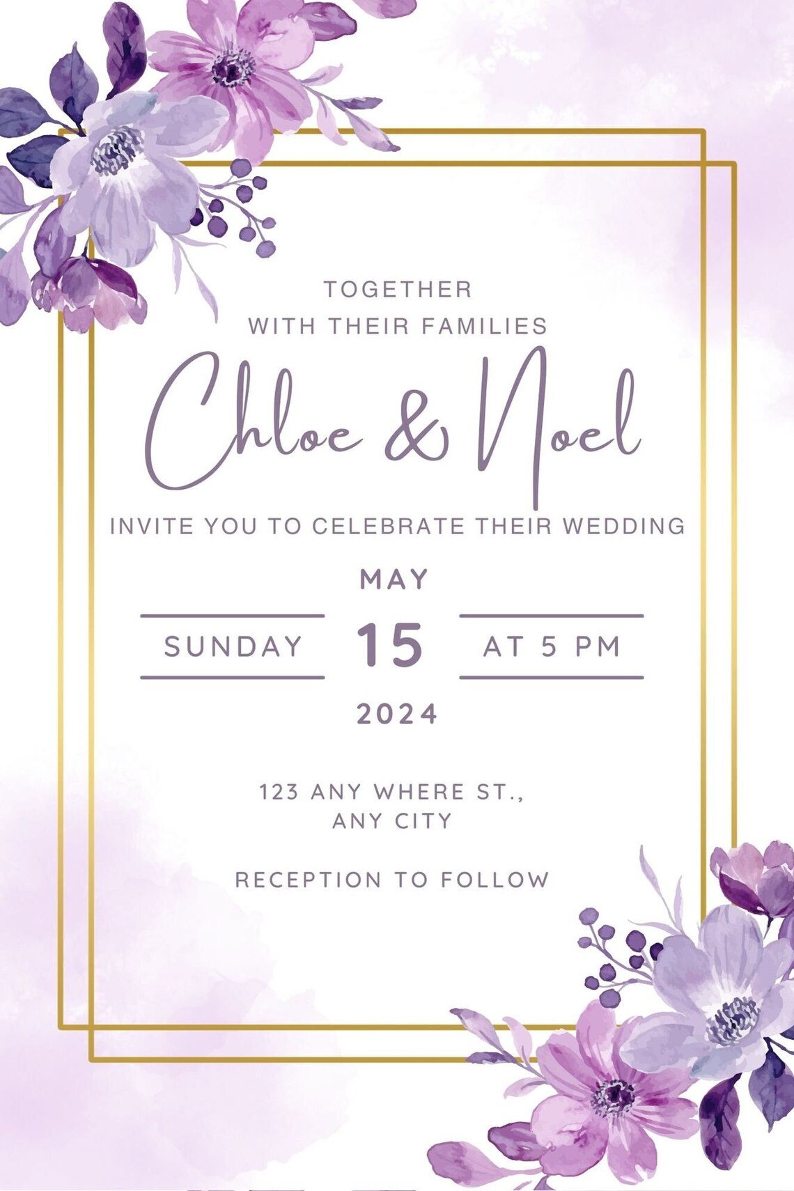 Purple Floral Wedding Invitation Digital Download Fully Editable - Etsy