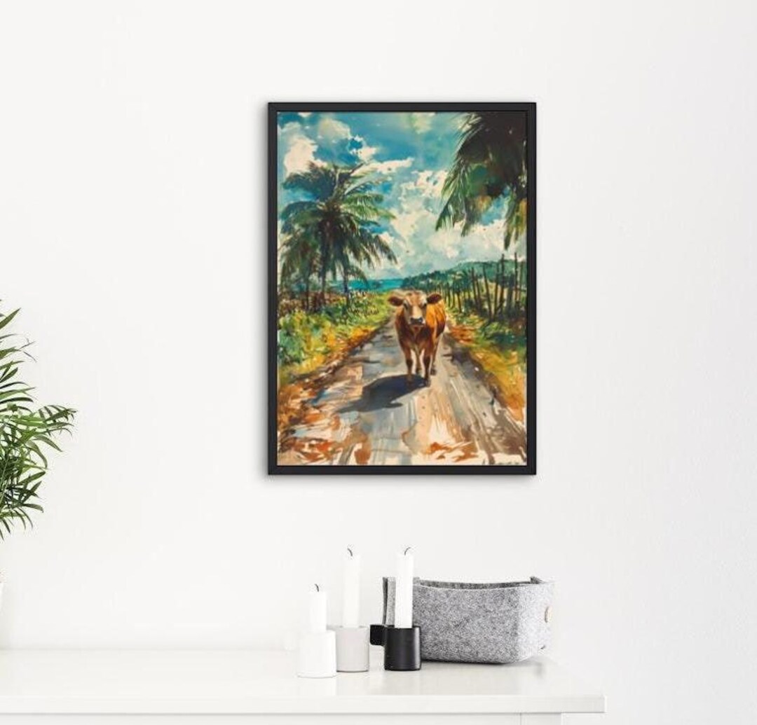 Vintage Cow Painting, Cow Art, Puerto Rico Wall Art , Farm Animal Print ...