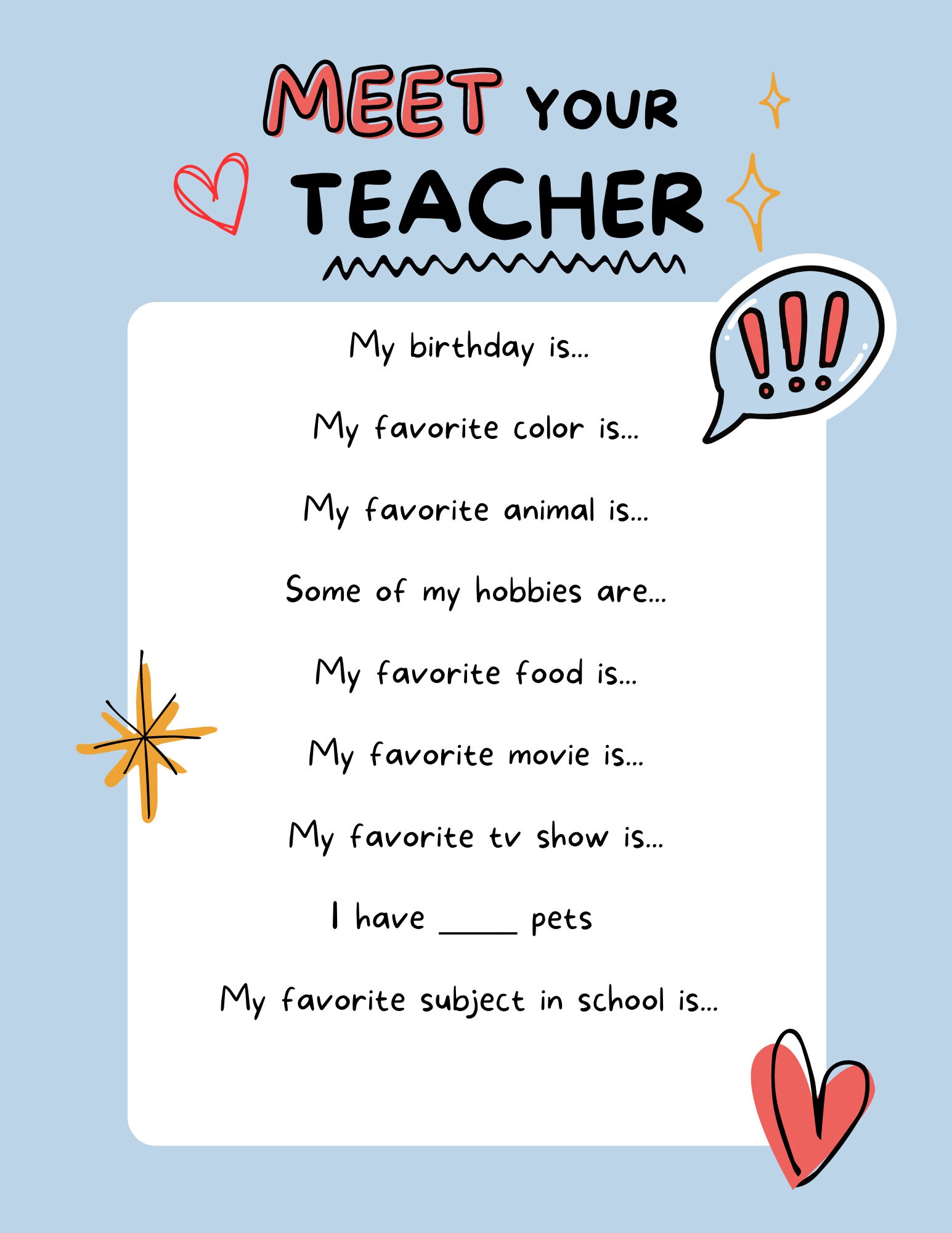 Meet Your Teacher Template for First Day of School - Etsy