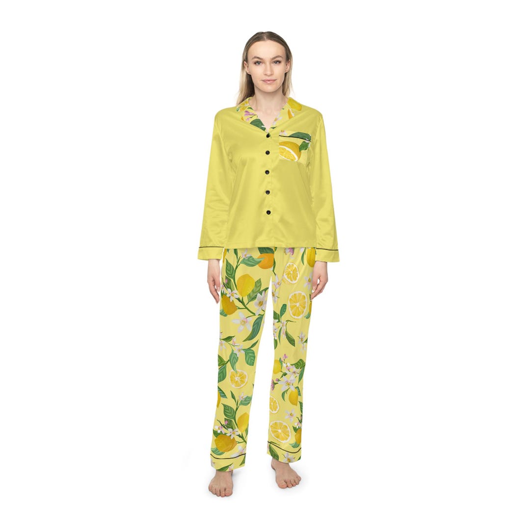 Lemon Floral Pajamas | Satin Pajama Set - Etsy