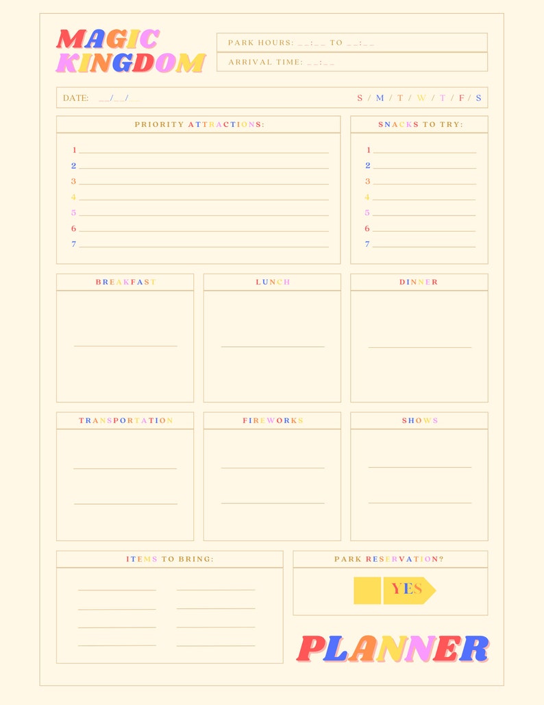 Printable Magic Kingdom Planner Page - Etsy
