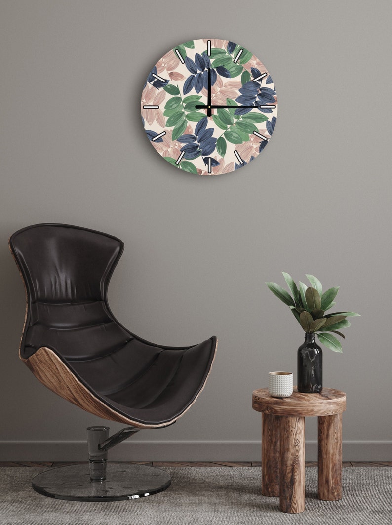 Green and Blue Leaves Kitchen Wall Clock Mid Century Modern Wall Clock ...