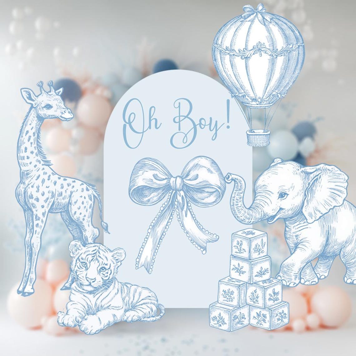 Blue Toile Safari Animals Cutout, Chinoiserie Toile De Jouy Baby Shower ...