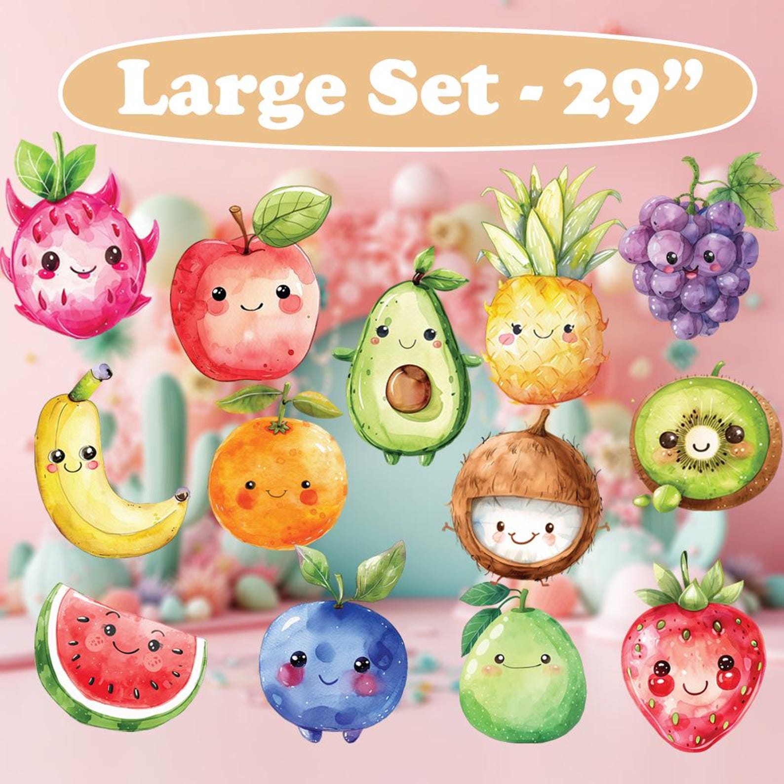 Kawaii Fruits Cutouts, Hey Bear Sensory Props, Tutti Fruity Party Decor ...