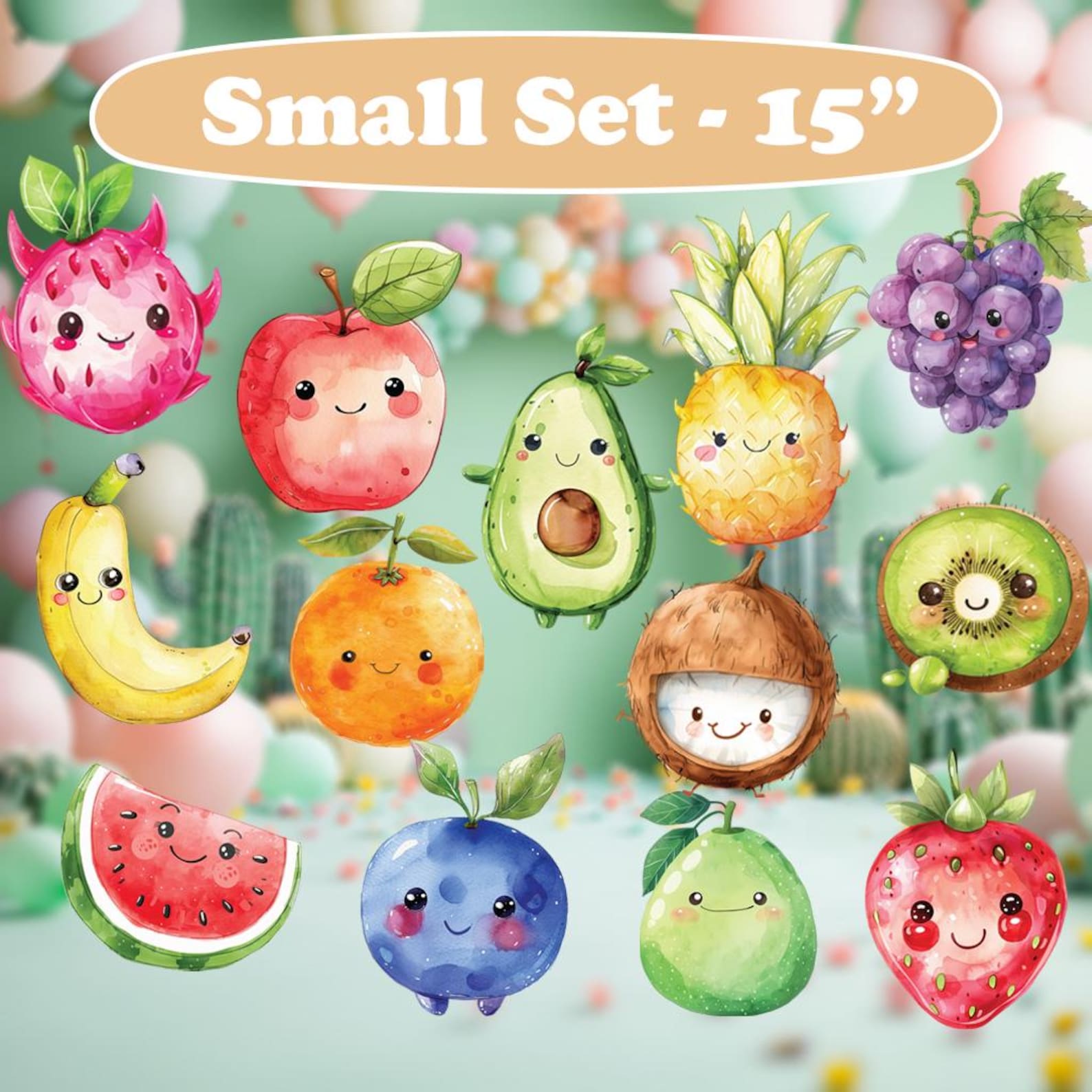 Kawaii Fruits Cutouts, Hey Bear Sensory Props, Tutti Fruity Party Decor ...