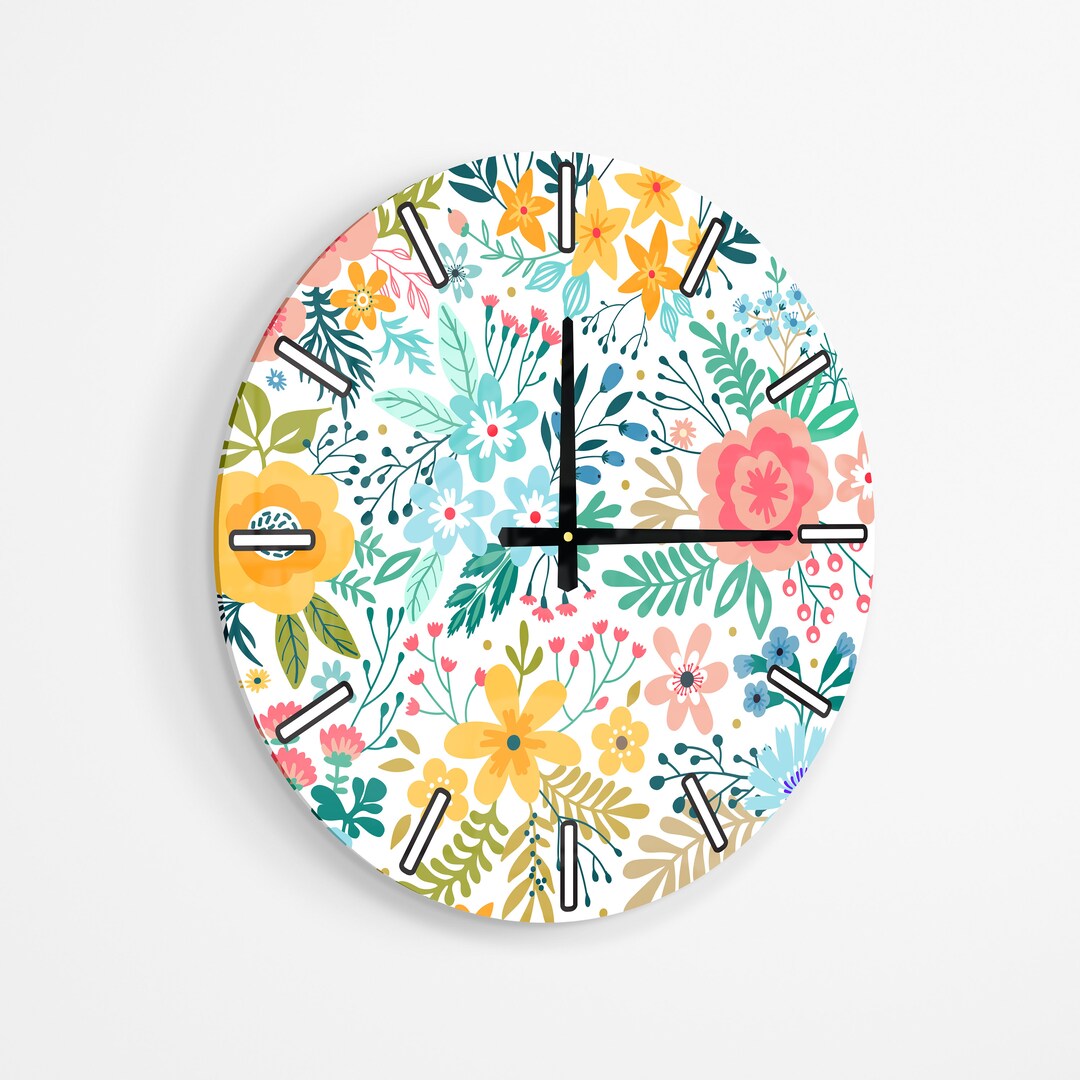 Yellow and Blue Floral Wall Clock Mid Century Modern Wall Clock Unique ...