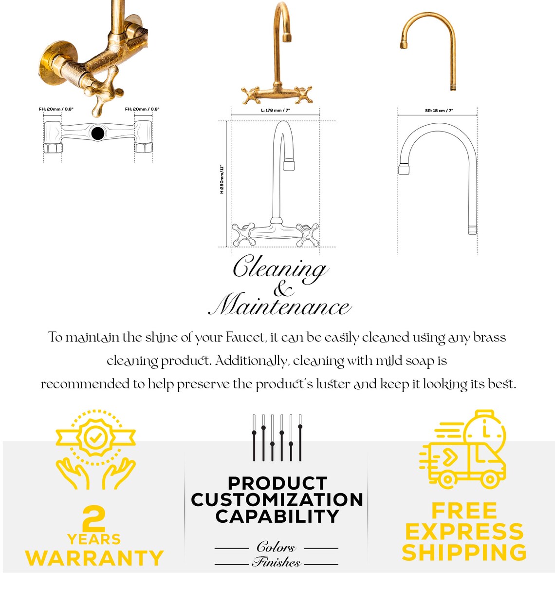 Vessel and Kitchen Sink Wall Mounted Faucet, Unlaquered Gooseneck Tap ...