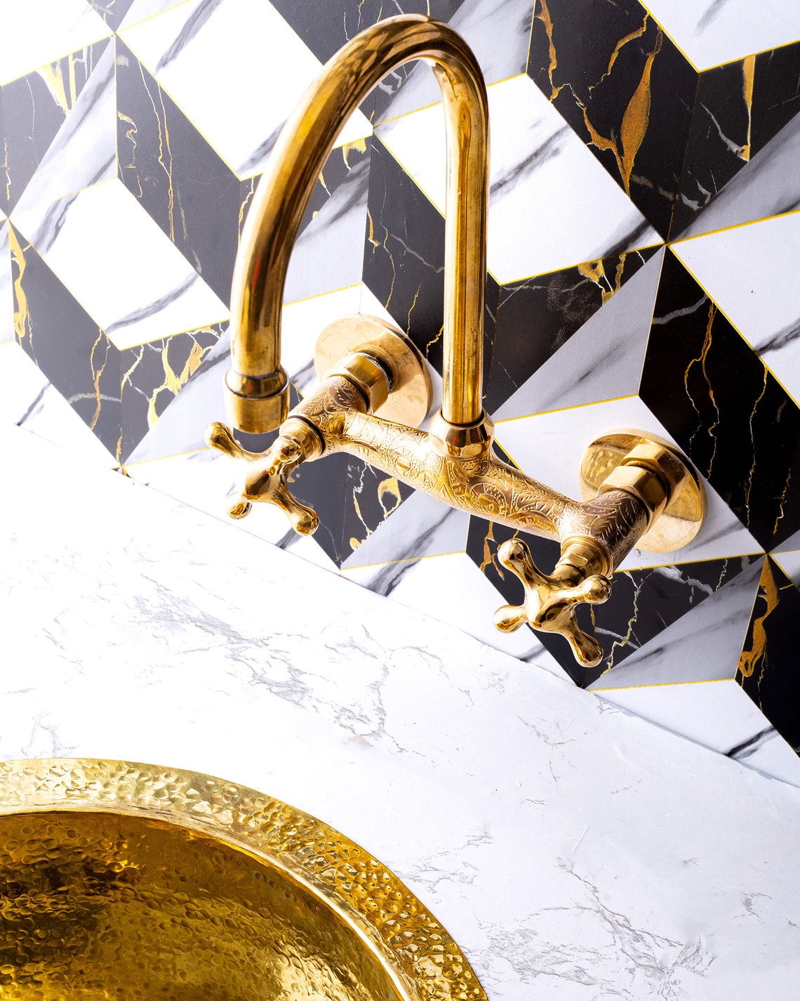 Vessel and Kitchen Sink Wall Mounted Faucet, Unlaquered Gooseneck Tap ...