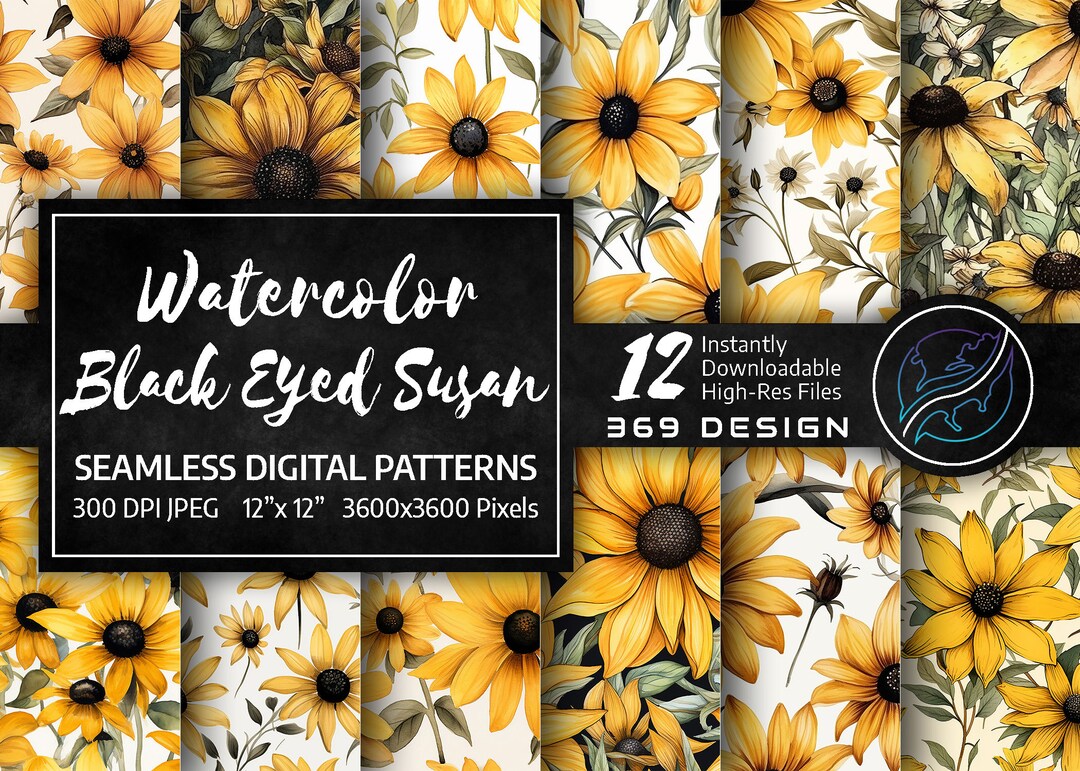 Watercolor Painted Black Eyed Susan Flowers Floral Seamless Digital ...