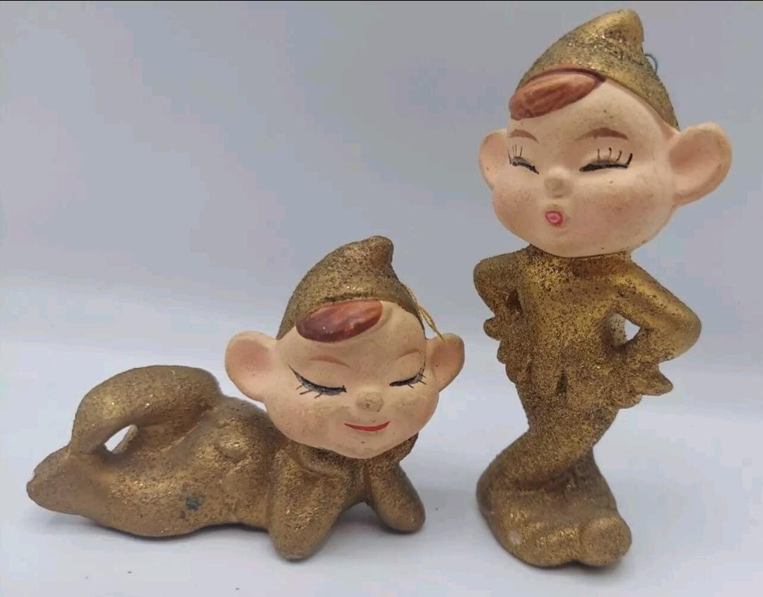 Vintage Lot of 2 1960's Gold Glittery Christmas Ceramic Pixie Elves Elf ...