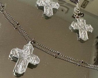 Silver Wavy Cross and Rose Swarovski Crystal Necklace and Earrings Set ...