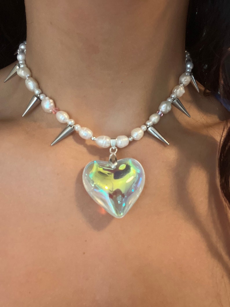 Spiked Glass Heart Pearl Necklace - Etsy