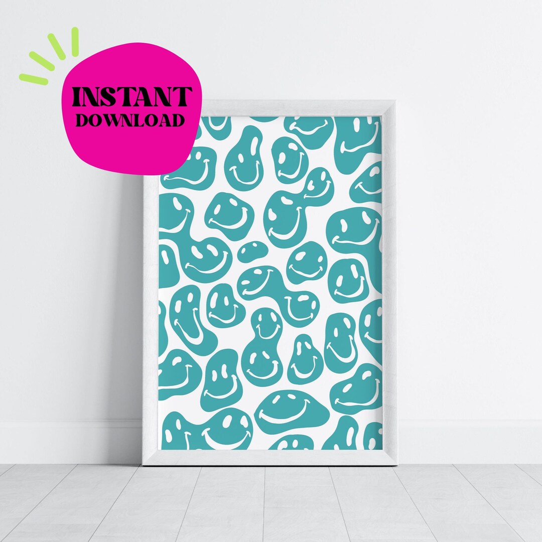 Wavy Smiley Wall Art | Blue Wavy Retro Smiley Faces, Digital Download ...