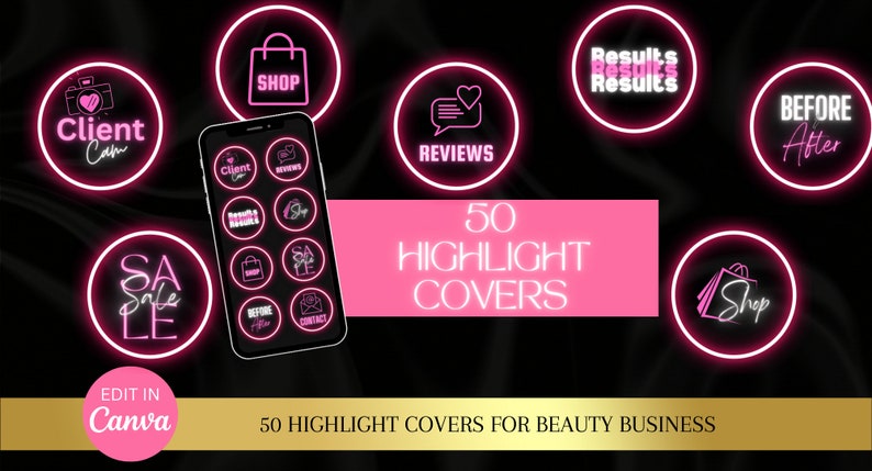 Neon Pink Black Instagram Highlight Covers for Businesses, Luxury ...