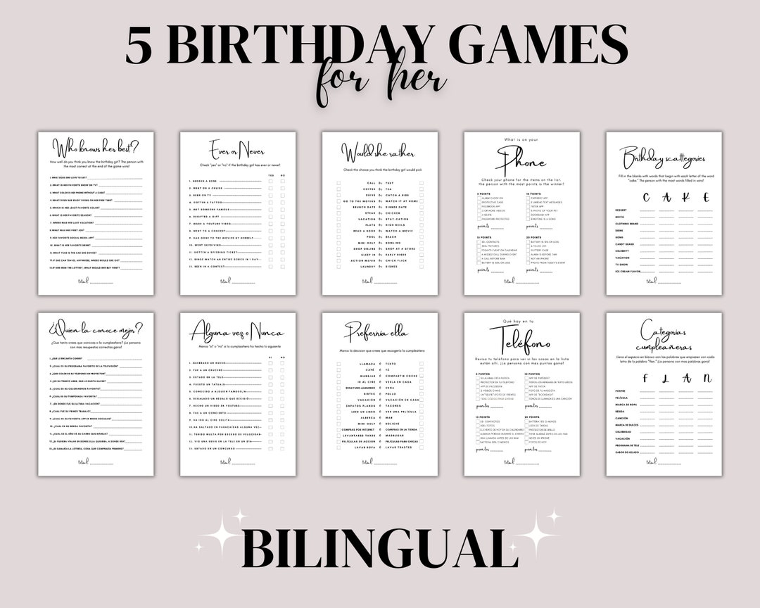Fiesta de cumpleaños para ella juegos BILINGÜE español descargas digitales modernas 21 30 40 50 ...