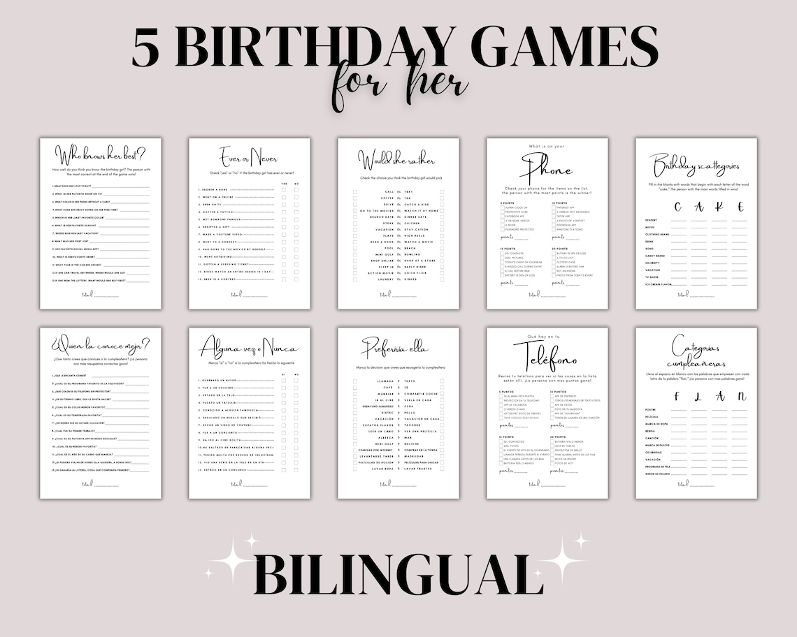 Birthday Party for Her Games BILINGUAL Spanish Digital Downloads Modern ...