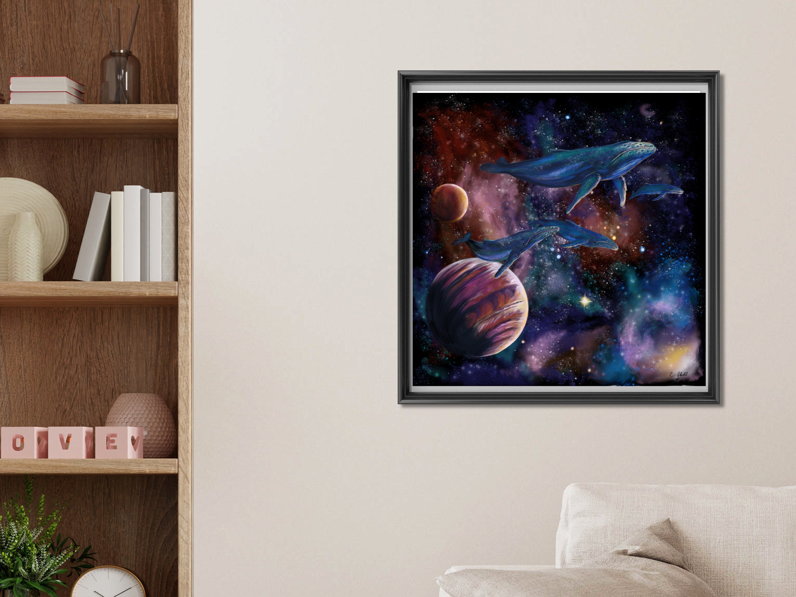 Humpback Whales in Space With Planets and Stars, Watercolor Painting ...