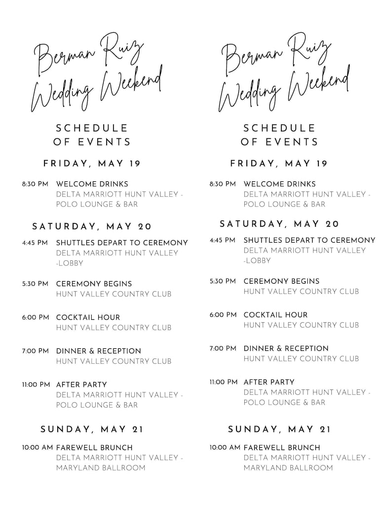 Editable - Wedding Weekend Schedule Minis - Digital Templates - Etsy