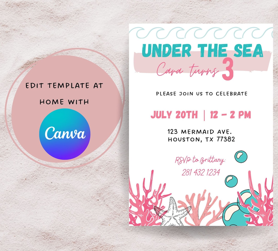 Ocean Birthday Invitation, CANVA Birthday Invitation Template, Editable ...