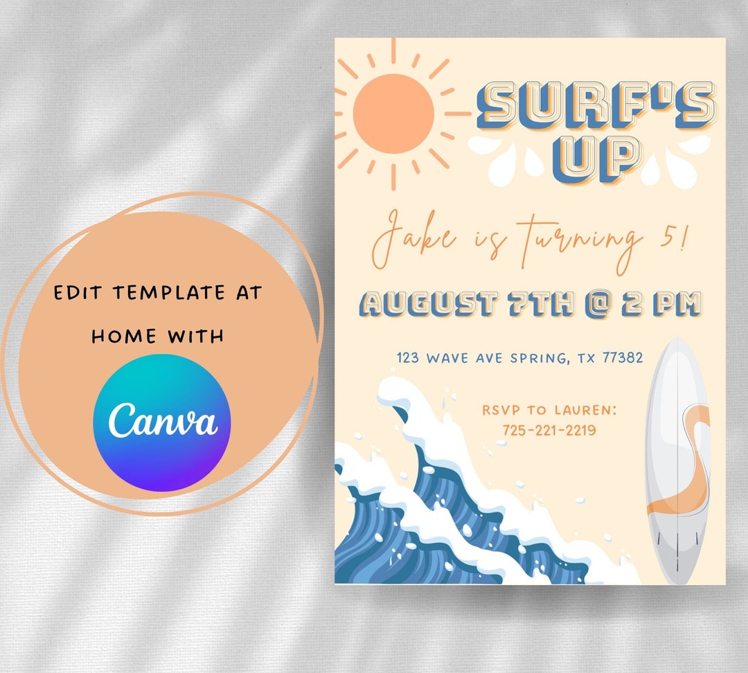 Surf Invitation, Surf Birthday Invite Template, Editable Invitation ...