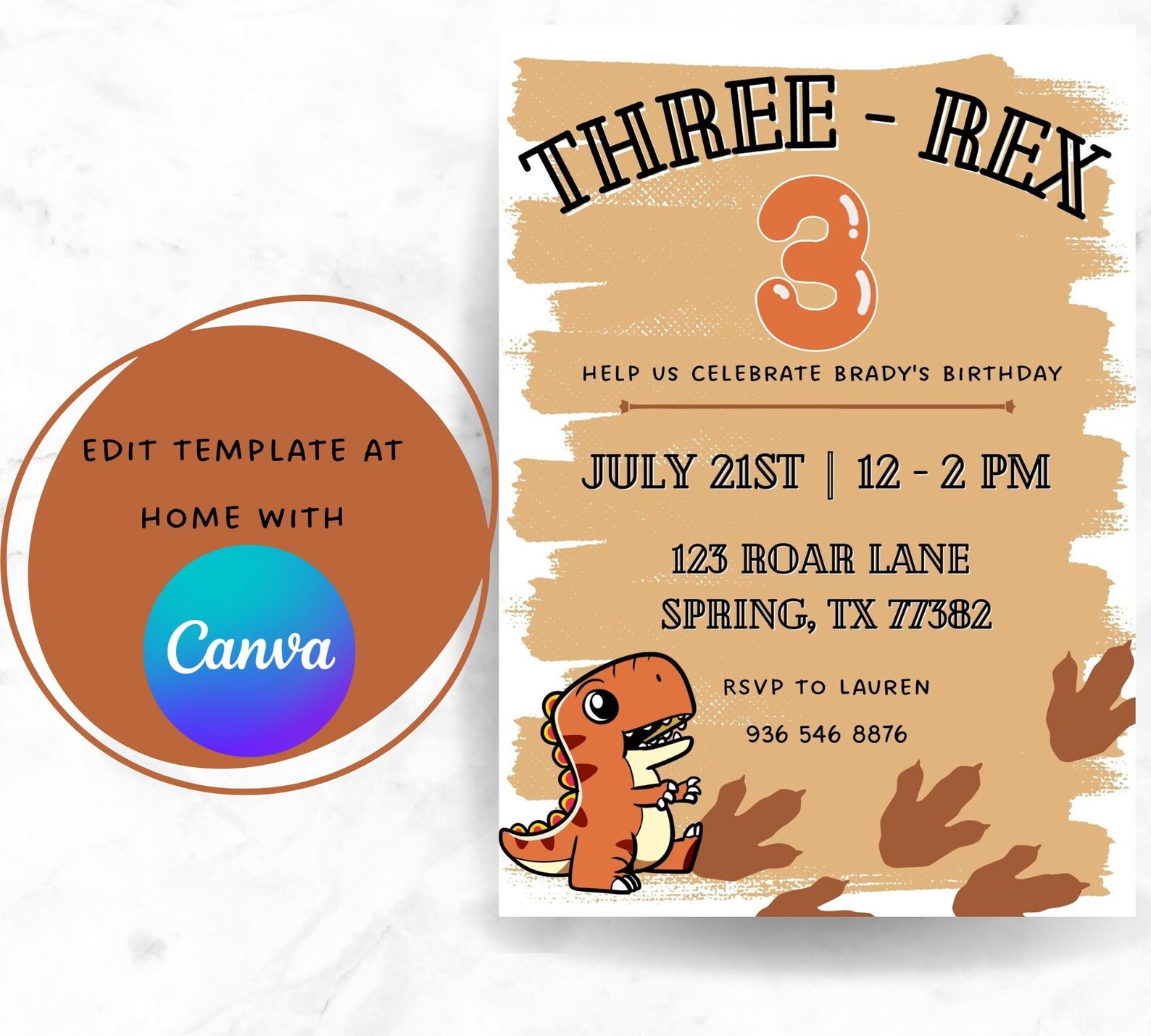 T-rex Birthday Invitation, CANVA Birthday Invitation Template, Editable ...
