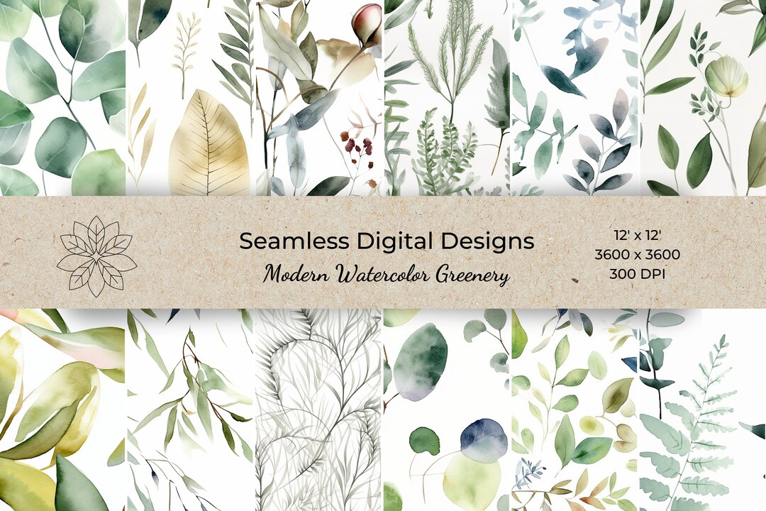 Modern Watercolor Greenery Digital Paper Muted Watercolor Botanicals ...