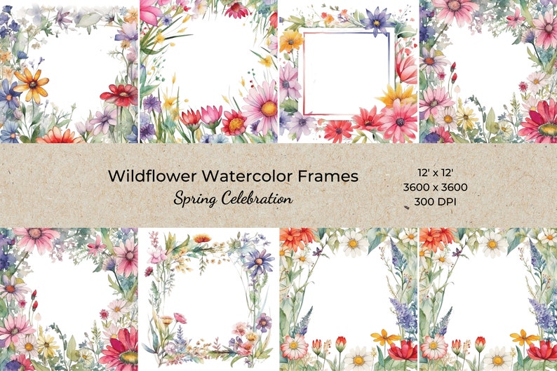 Wild Flower Watercolor Clipart Frame Botanical Wild Flowers Clip Art ...