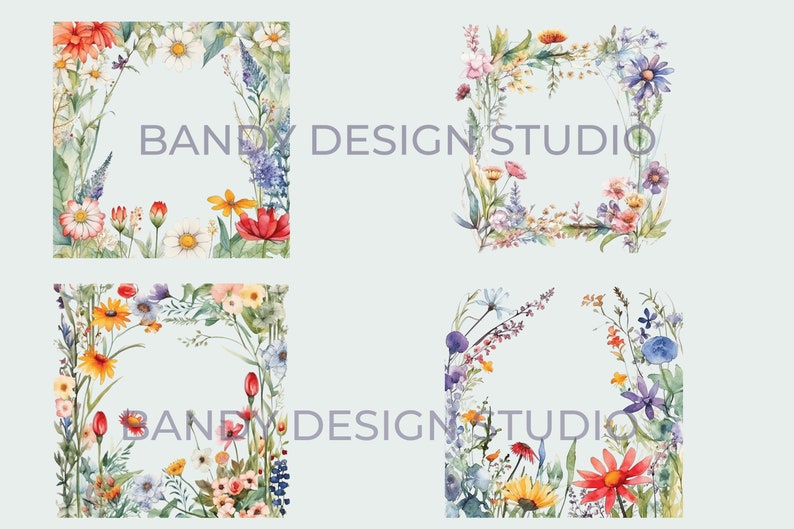 Wild Flower Watercolor Clipart Frame Botanical Wild Flowers Clip Art ...