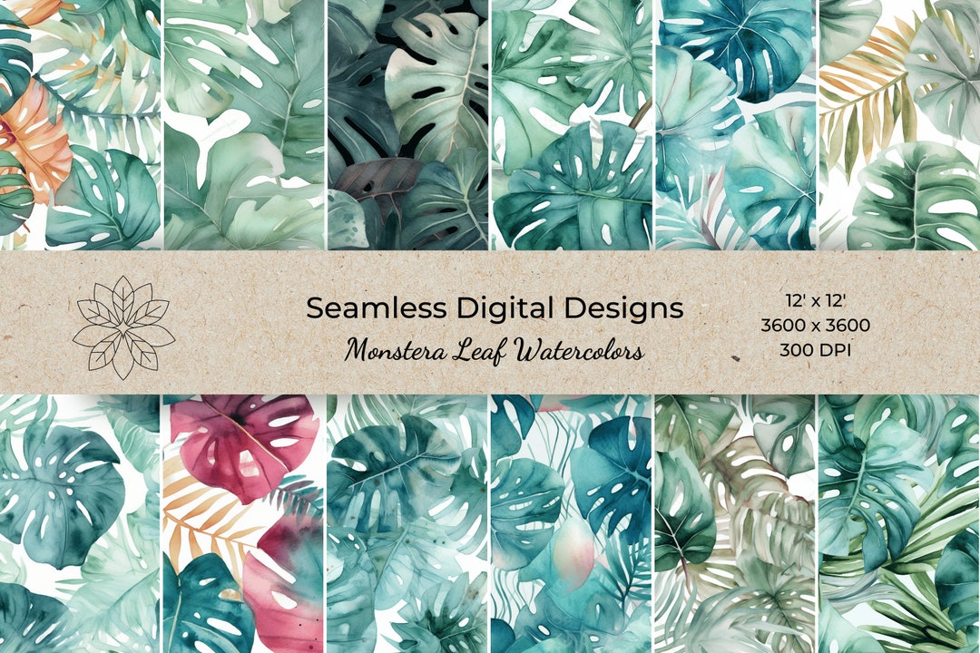 Modern Watercolor Monstera Digital Papers Muted Watercolor Leaves ...