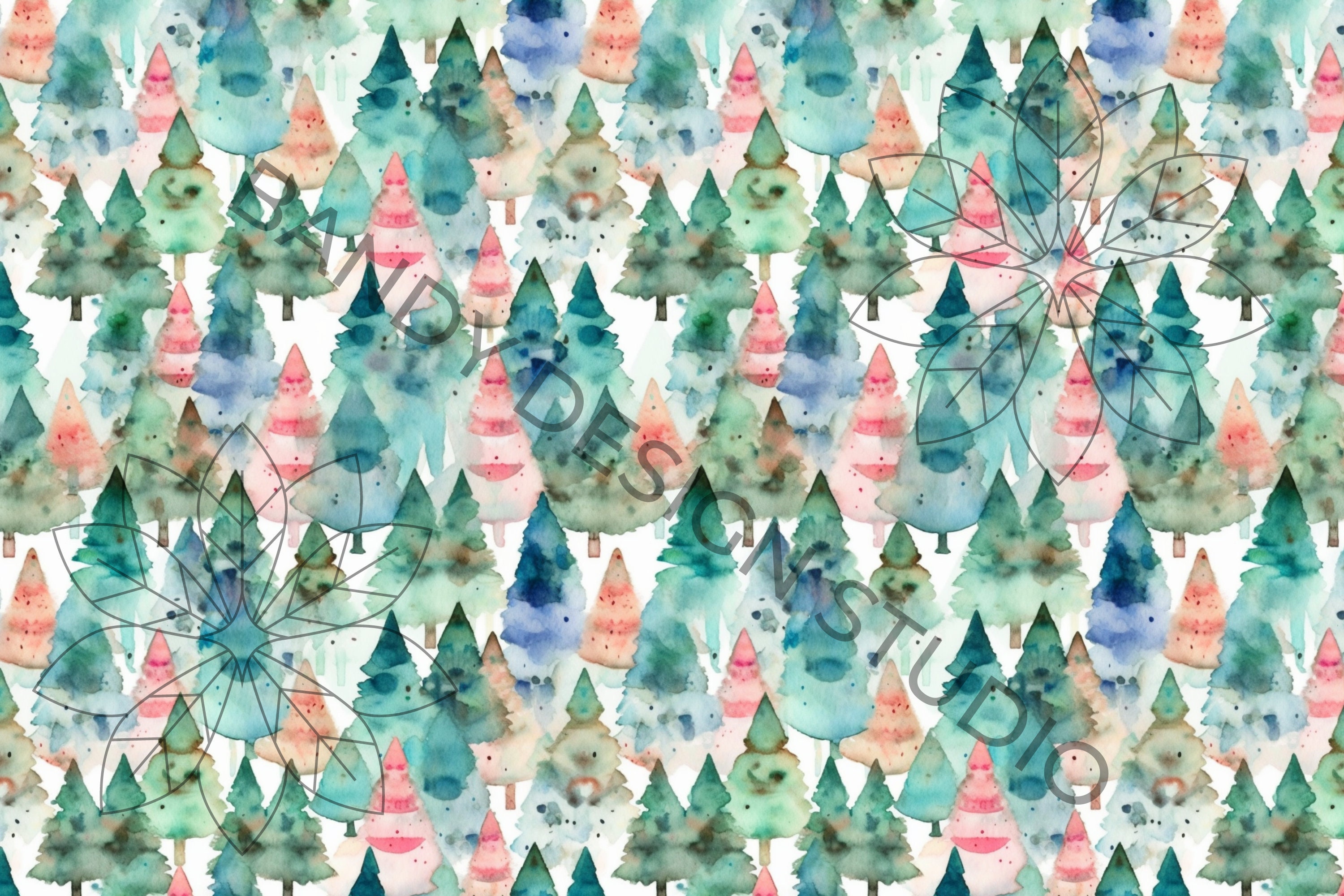 Modern Boho Tree Watercolor Digital Papers Muted Holiday Christmas ...