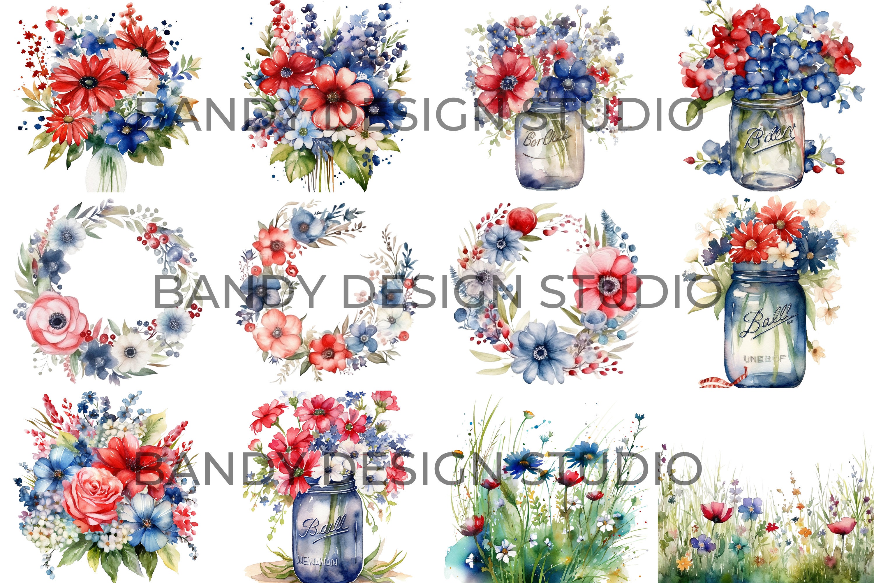 Red White Blue Floral Watercolor Clipart | Patriotic Blooms (digital ...
