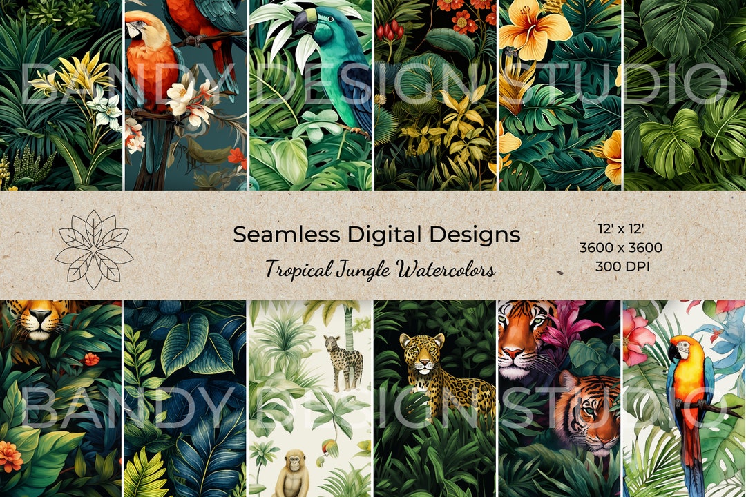Tropical Jungle Digital Papers Wild Watercolor Scrapbook Papers ...