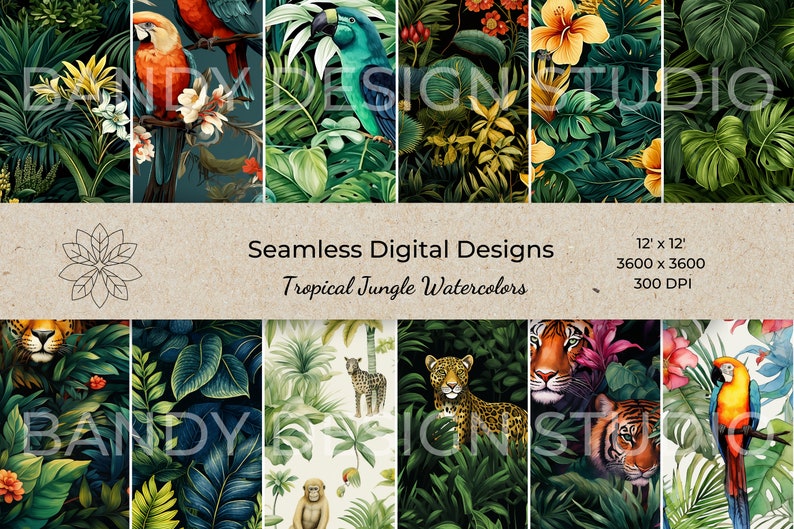 Tropical Jungle Digital Papers Wild Watercolor Scrapbook Papers ...