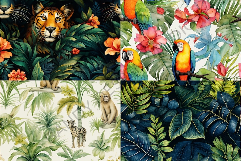 Tropical Jungle Watercolor Digital Papers, Seamless Wildlife Patterns ...
